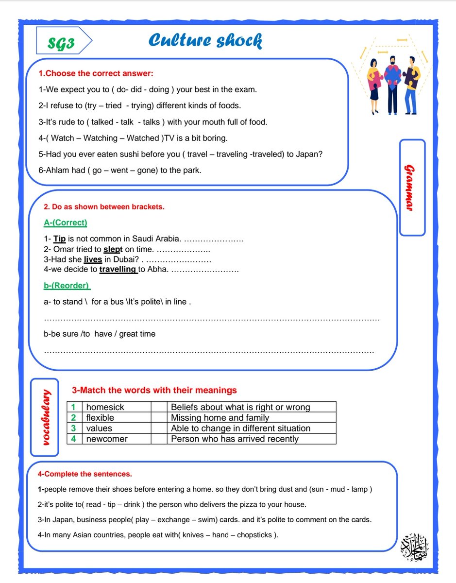 مجموعة رِفعة الانجليزي on Twitter: "📍Revision SG3 U: 12 Culture shock 👥 مراجعه الوحده الثانية ...