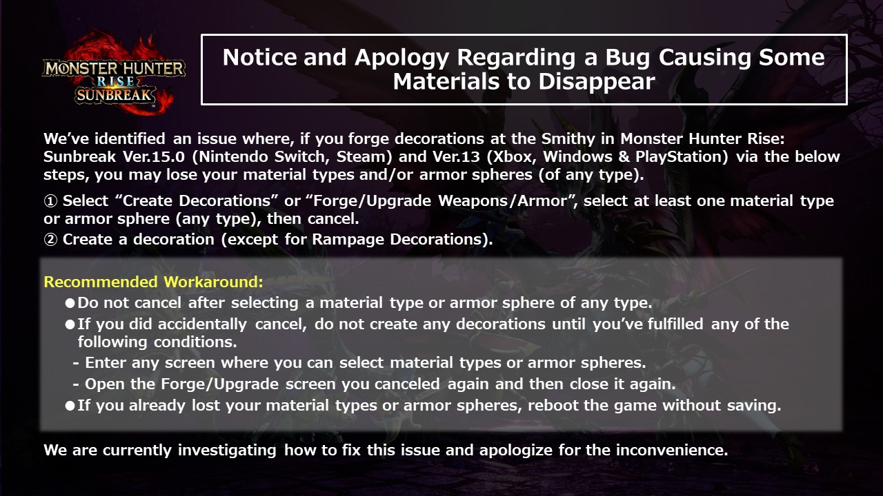 Monster Hunter on Twitter: "Known Issue - Disappearing Materials The team have identified a bug ...