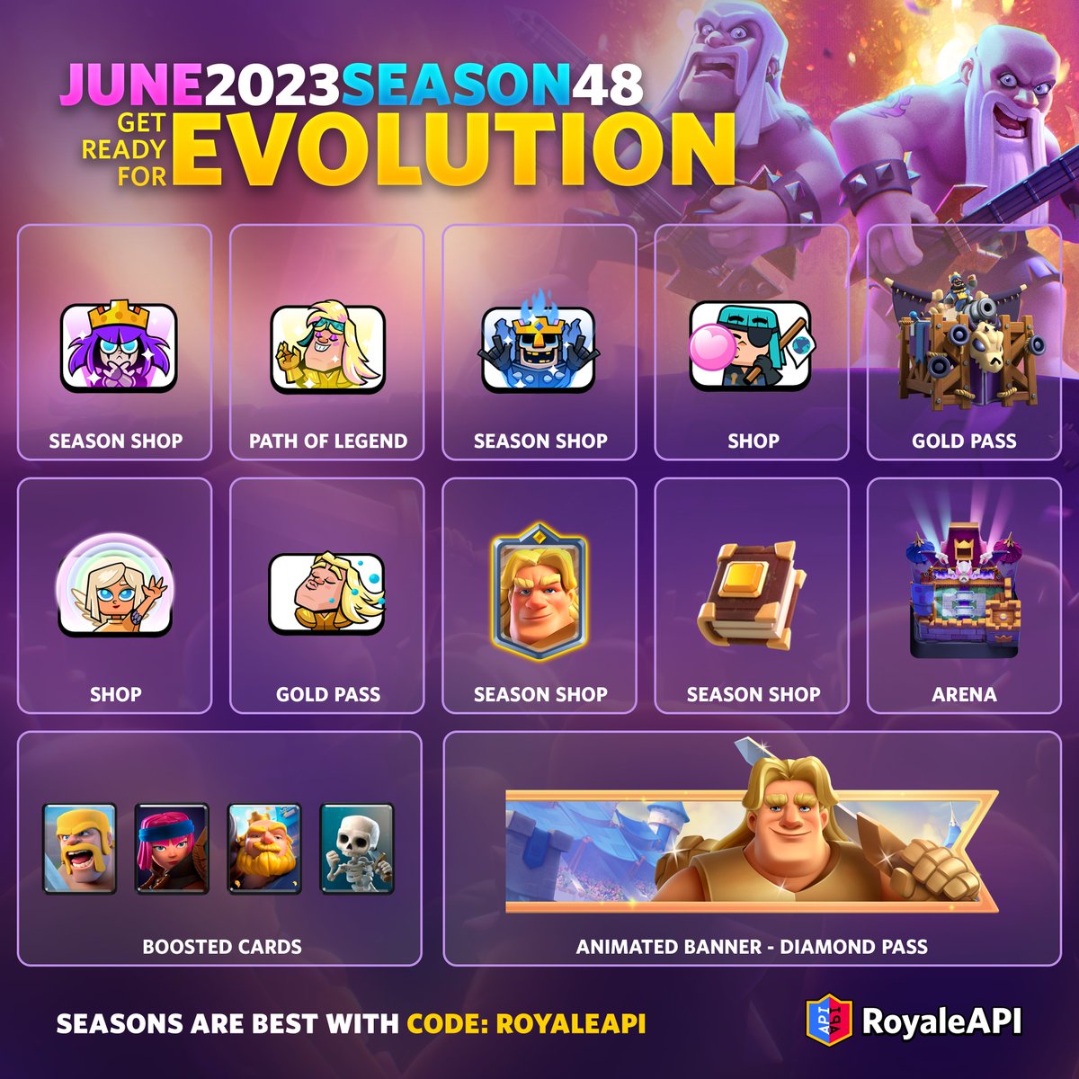 RoyaleAPI on Twitter: "June Season “Get Ready for Evolution” has started — Use our code ...