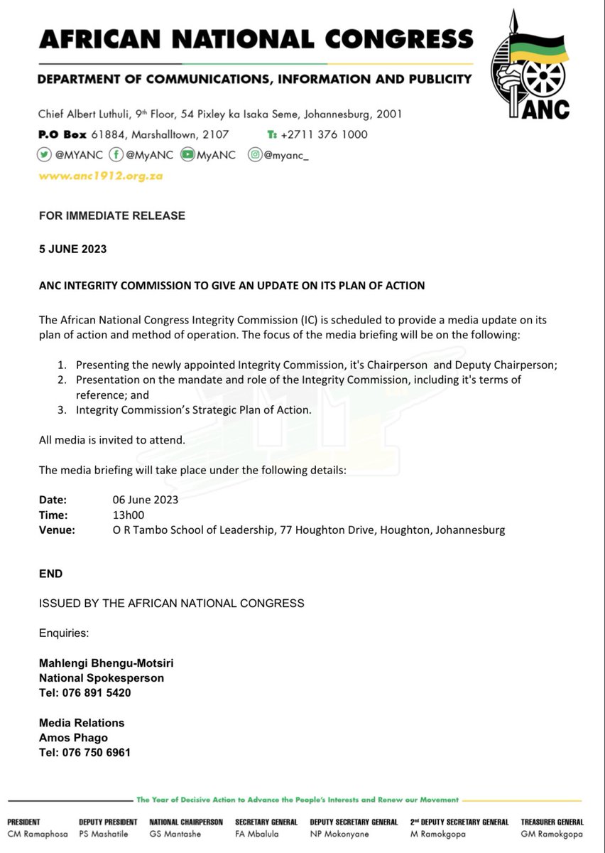 African National Congress on Twitter: "ANC INTEGRITY COMMISSION TO GIVE AN UPDATE ON ITS PLAN OF ...