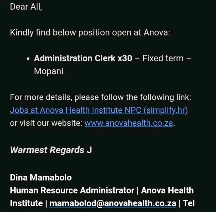 Carol B. Mashudu 🇿🇦 on Twitter: "Anova Health Institute 📌Administration Clerk x30 - Mopani Apply ...
