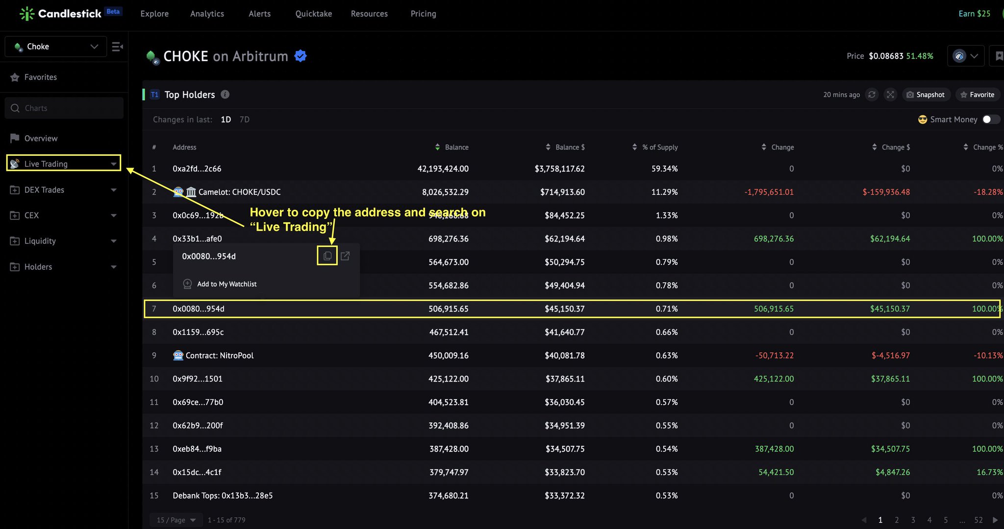 Candlestick on Twitter: "$CHOKE Top Holders buy/sell in past 24h p1 Step 1 - Hover to copy the ...