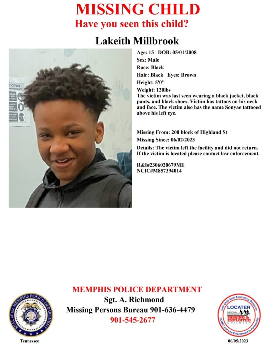 Memphis Police Dept On Twitter Have You Seen Lakeith Millbrook He