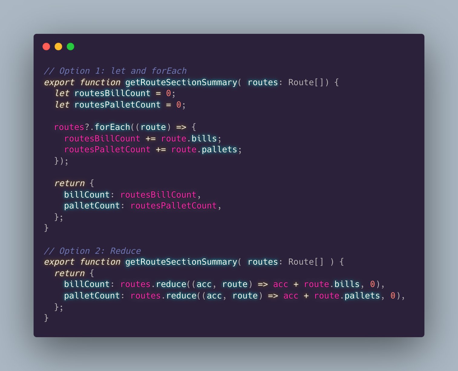 Cory House on Twitter: "Poll: Which code do you prefer for returning totals? 1. let and forEach ...