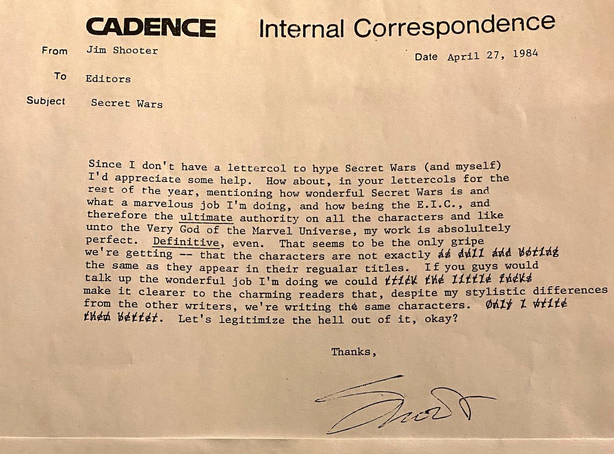 Graeme on Twitter: "Shot, chaser, etc. (Left: Marvel e-i-c Jim Shooter's internal memo, April ...