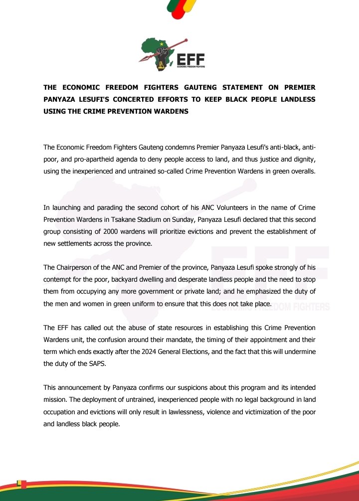 EFF Gauteng on Twitter: "The Economic Freedom Fighters Gauteng Statement on Premier Panyaza ...