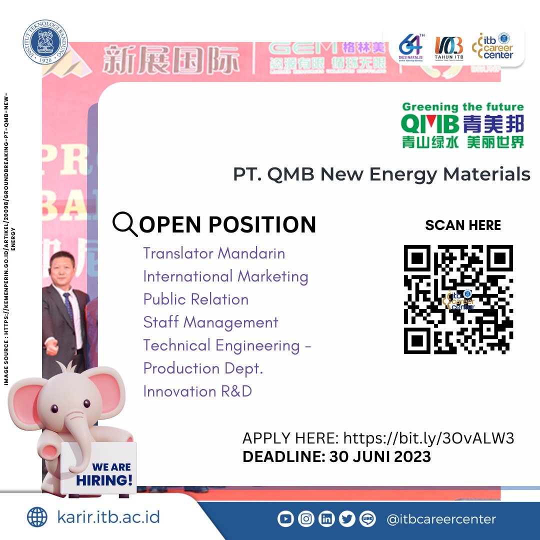 ITB Career Center on Twitter: "[𝐉𝐎𝐁 𝐕𝐀𝐂𝐀𝐍𝐂𝐘] QMB New Energy Material membuka 6 #lowongan sebagai ...
