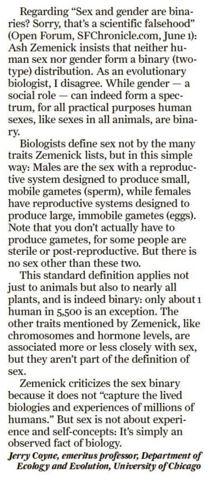 Jerry Coyne on Twitter: "Yes, Virginia, sex is binary in humans (and all other animals). My ...