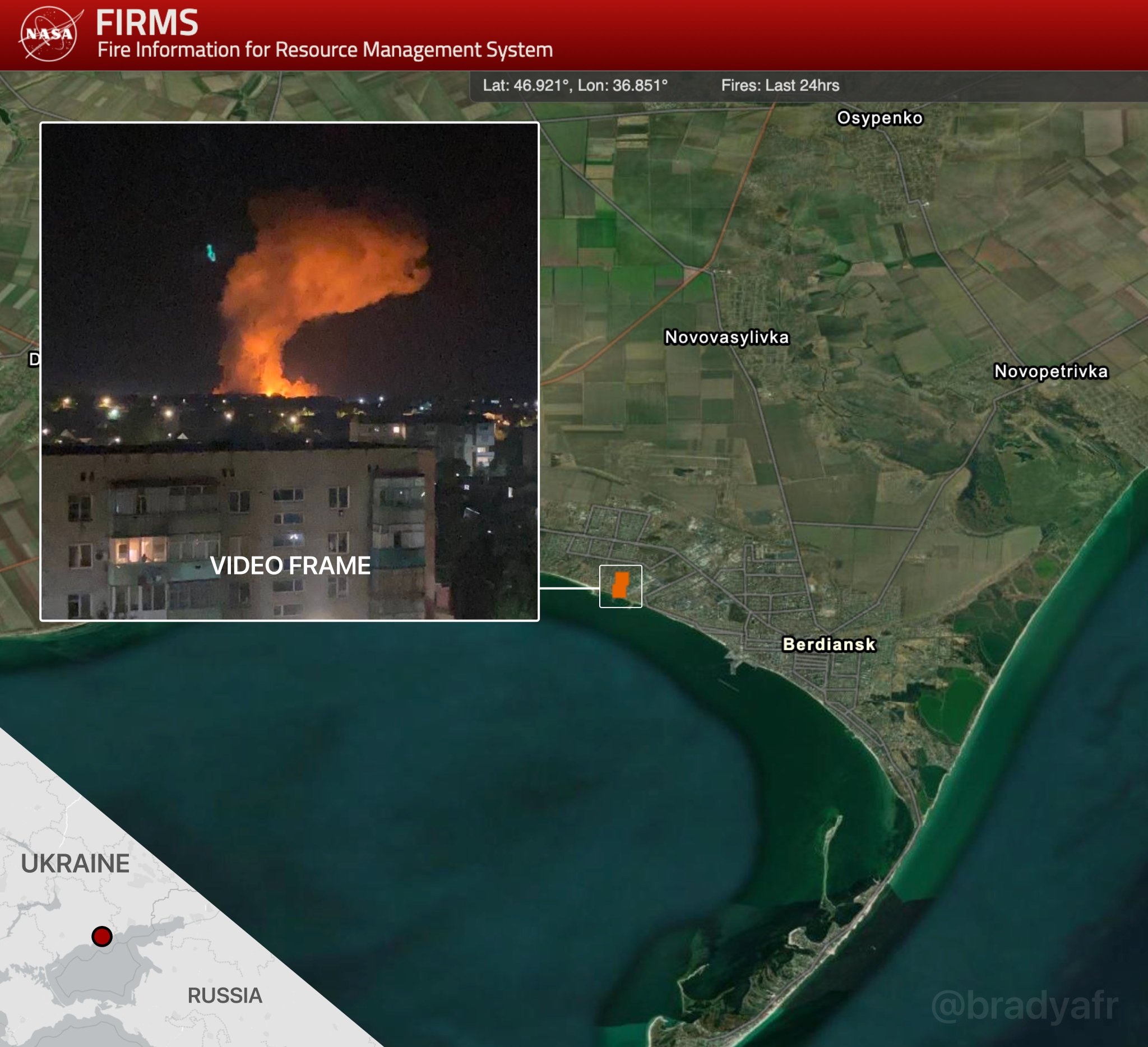 Brady Africk on Twitter: "A fire from a reported strike in Russian-occupied Berdyansk was ...