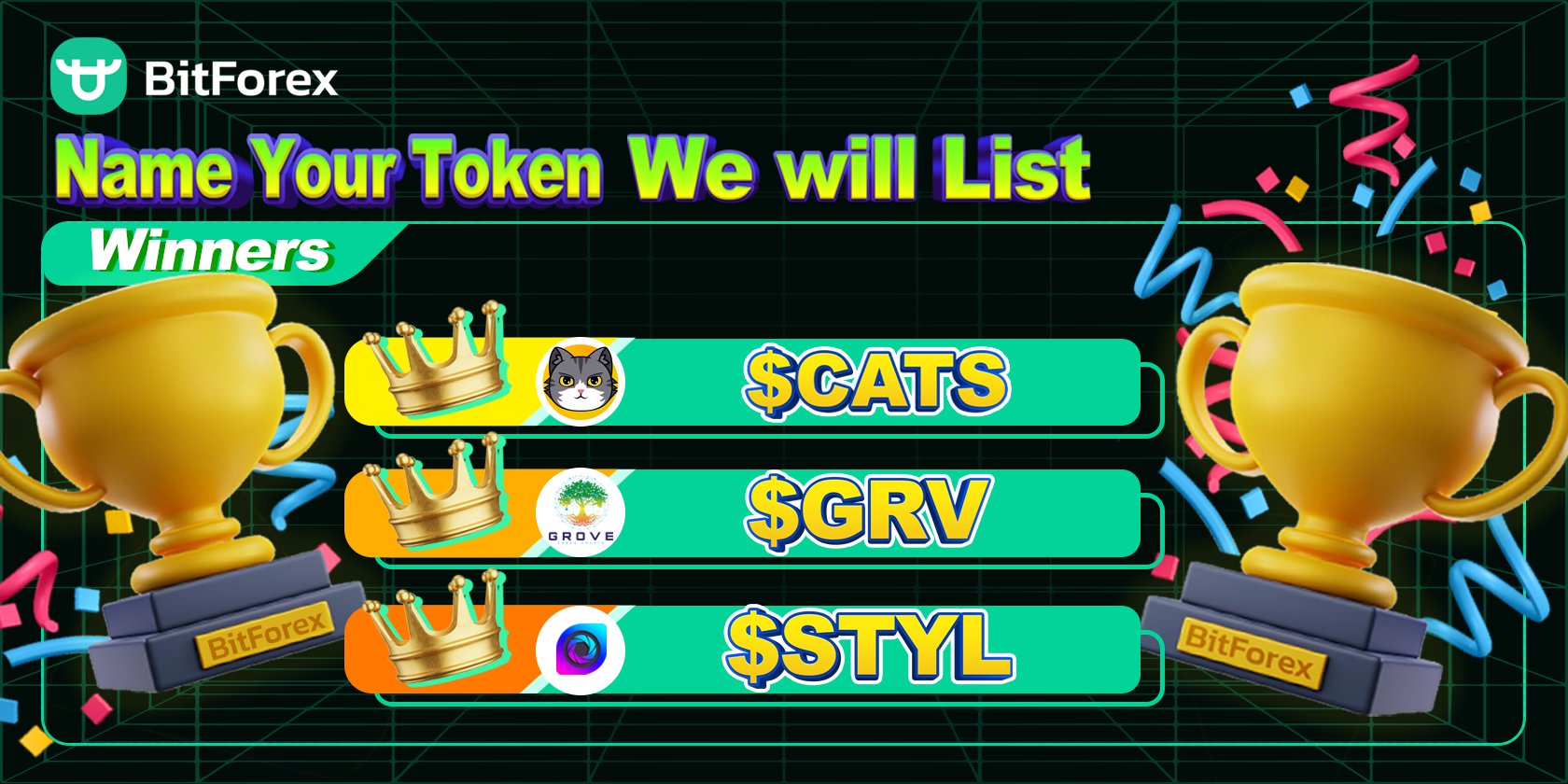 BitForex on Twitter: "👏🎉👏🎉👏🎉👏🎉👏 🏆Congrats to @officialcatcoin @GroveToken @Stylike_io for ...