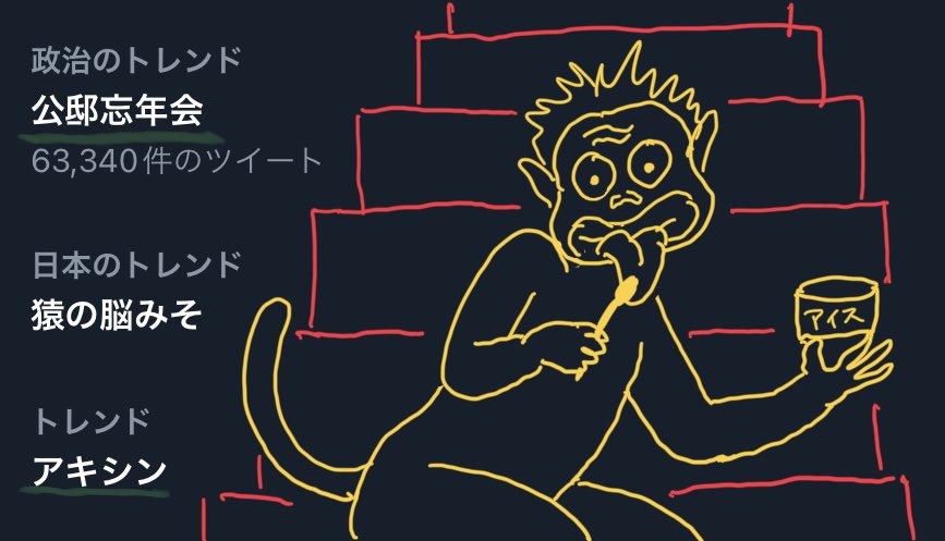 はんこ絵師カピ子 On Twitter Twitterトレンドよ・・・ 今夜もお前は私を煽る なぜ「猿の脳みそ」を そこに挟む よりによってなぜ そこに挟む 忘年会は公邸で 岸田翔太郎