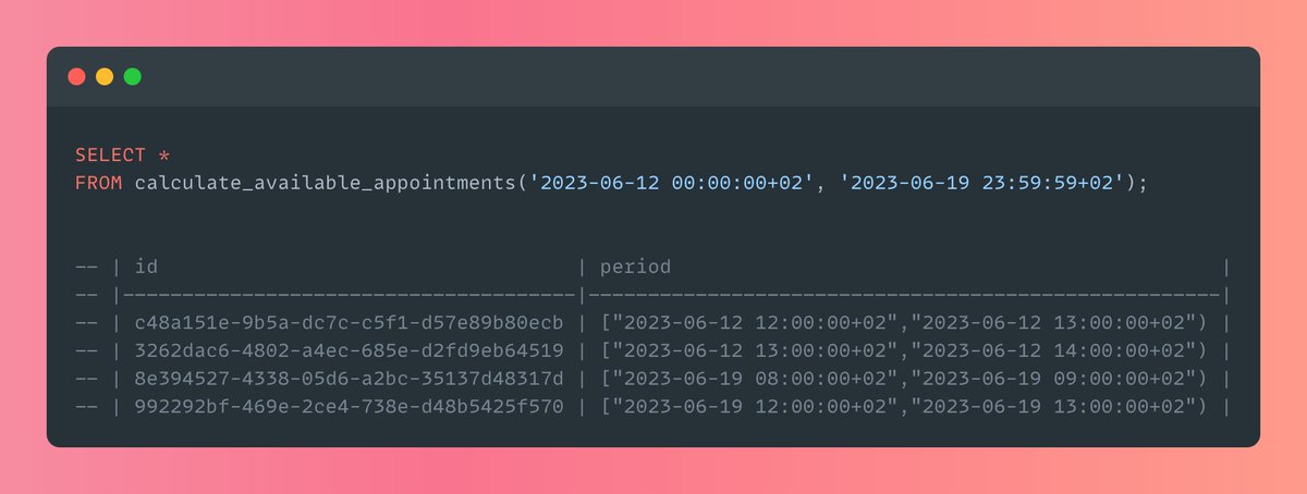 Tobias_Petry.sql on Twitter: "I love fancy SQL features in PostgreSQL: - available appointment ...