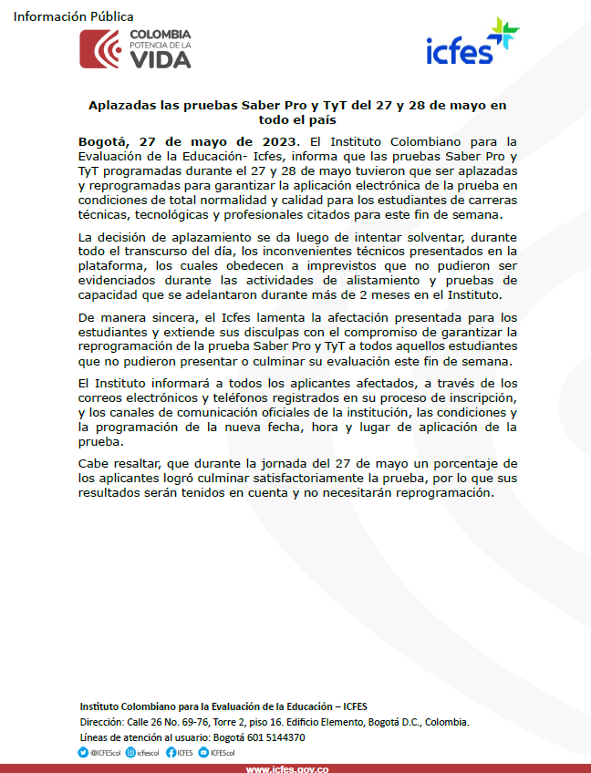 Icfes on Twitter: "#ComunicadoIcfes | Informamos que las pruebas Saber Pro y TyT 2023-1 ...