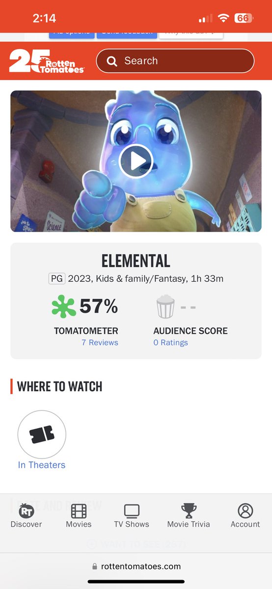 Movie Reviews By JT on Twitter: "#Elemental got 57 percent on rotten tomatoes with 7 reviews"