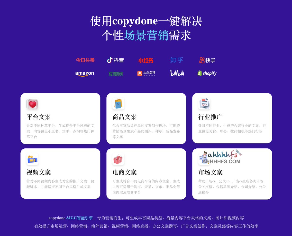 ahhhhfs on Twitter: "AI原创营销文案写作神器 ：快文CopyDone 通过输入关键词，一键快速生成原创的软文、 配图与短视频等多类型内容 内置多种创作模块，适配各种平台 ...