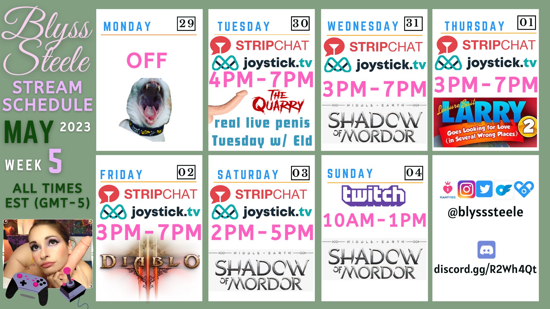 TW Pornstars - Blyss Steele🎮🕹🐱. Twitter. This week's schedule! Are you afraid of a caragor?. 5: ...