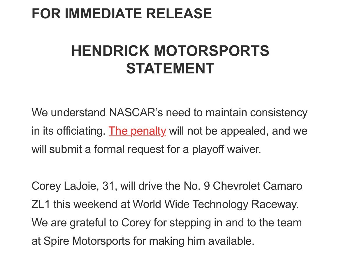 Dustin Albino on Twitter: "Full Hendrick Motorsports statement: #NASCAR"