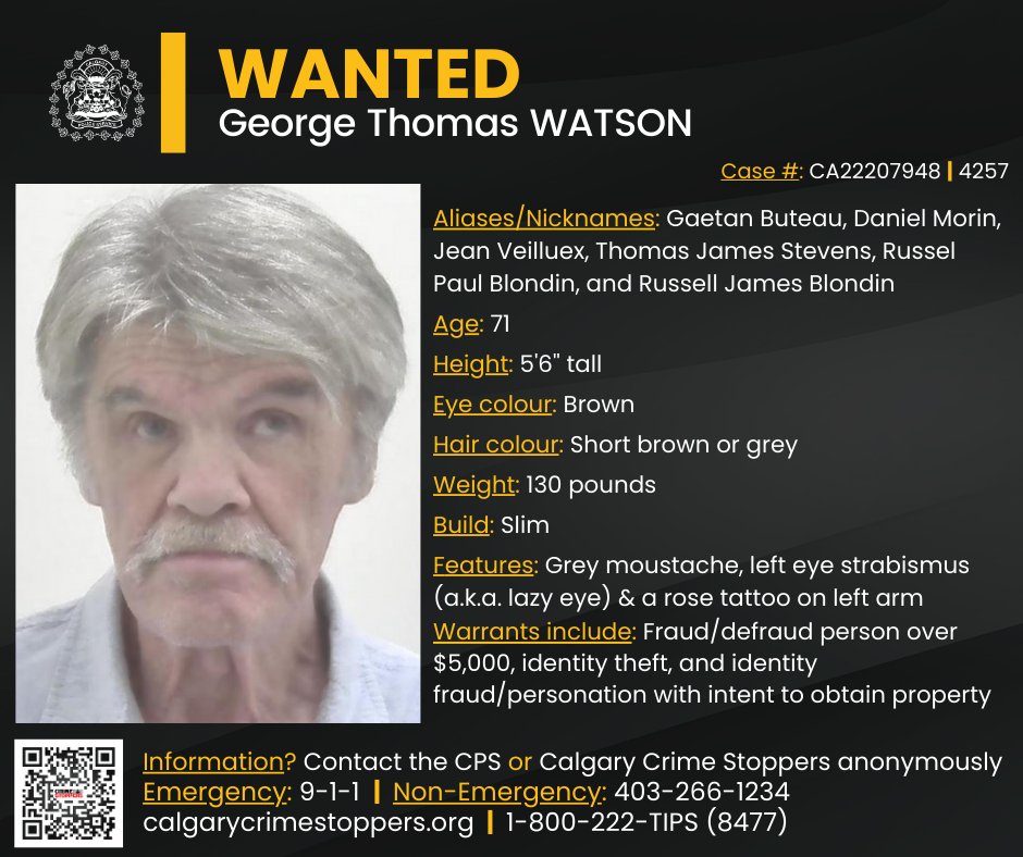 Calgary Police on Twitter: "🔴 WANTED 🔴 Can you help us locate George Thomas WATSON? He is wanted ...