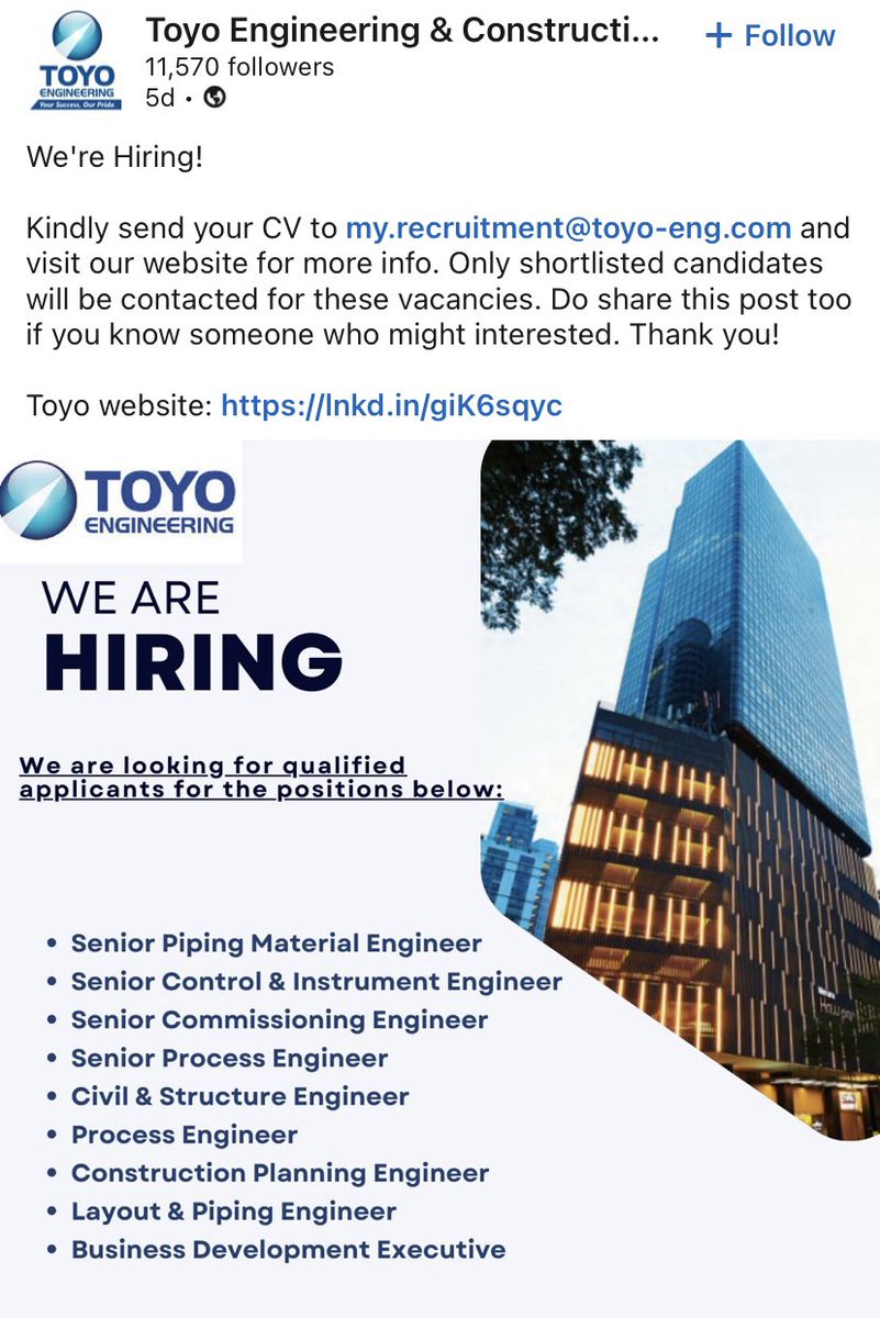 GetMe Hired 🚀 on Twitter: " Toyo Engineering is HIRING 📌 Various position Apply now: https ...