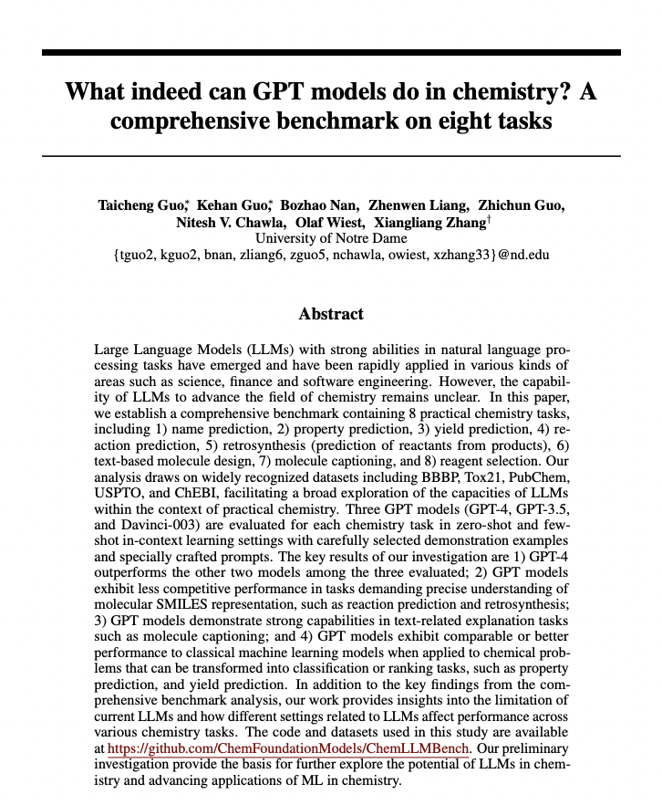 AK on Twitter: "What indeed can GPT models do in chemistry? A comprehensive benchmark on eight ...