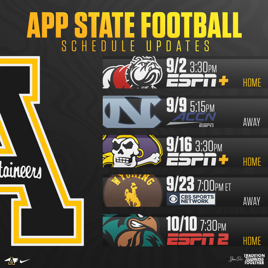 App State Football on X Five of App State s first six games now have kickoff times and network designations. https t zbmSofIS6H GoApp https t dqH5zY9B4O X
