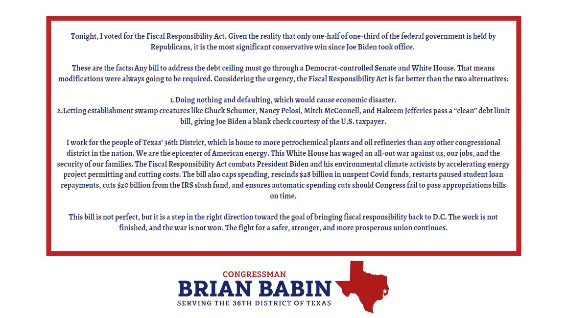 Brian Babin on Twitter: "Tonight, I voted for the Fiscal Responsibility Act. See my full ...