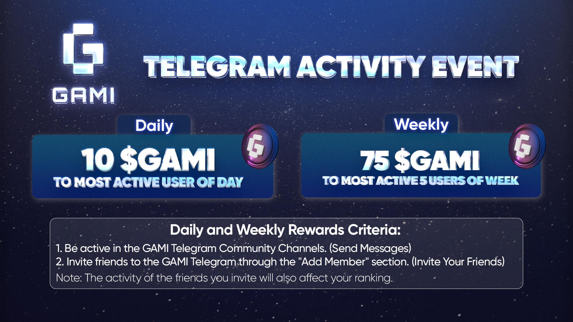 GAMI on Twitter: "📢 Join our GAMI Telegram Activity Event and get rewarded with $GAMI tokens! 🎉 ...