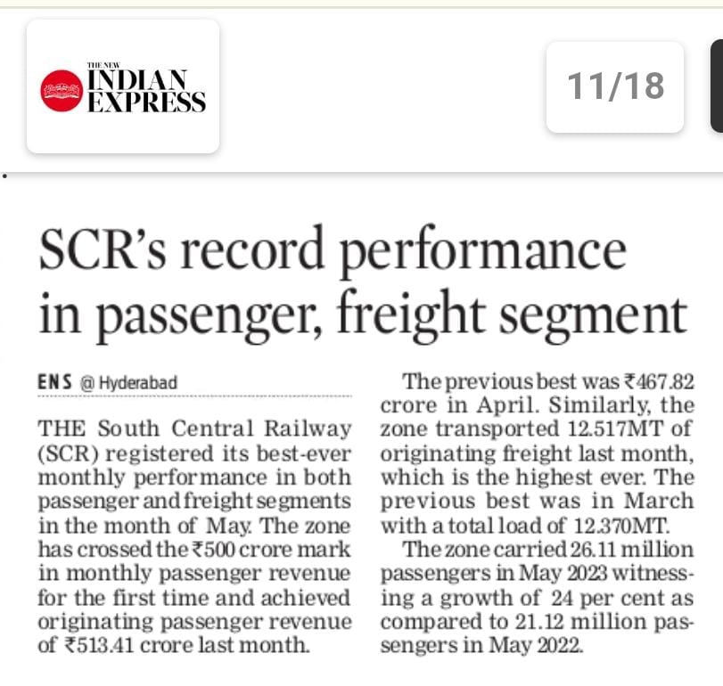 Indian Railway News on Twitter: "RT @SCRailwayIndia: SCR's record performance in #passenger & # ...