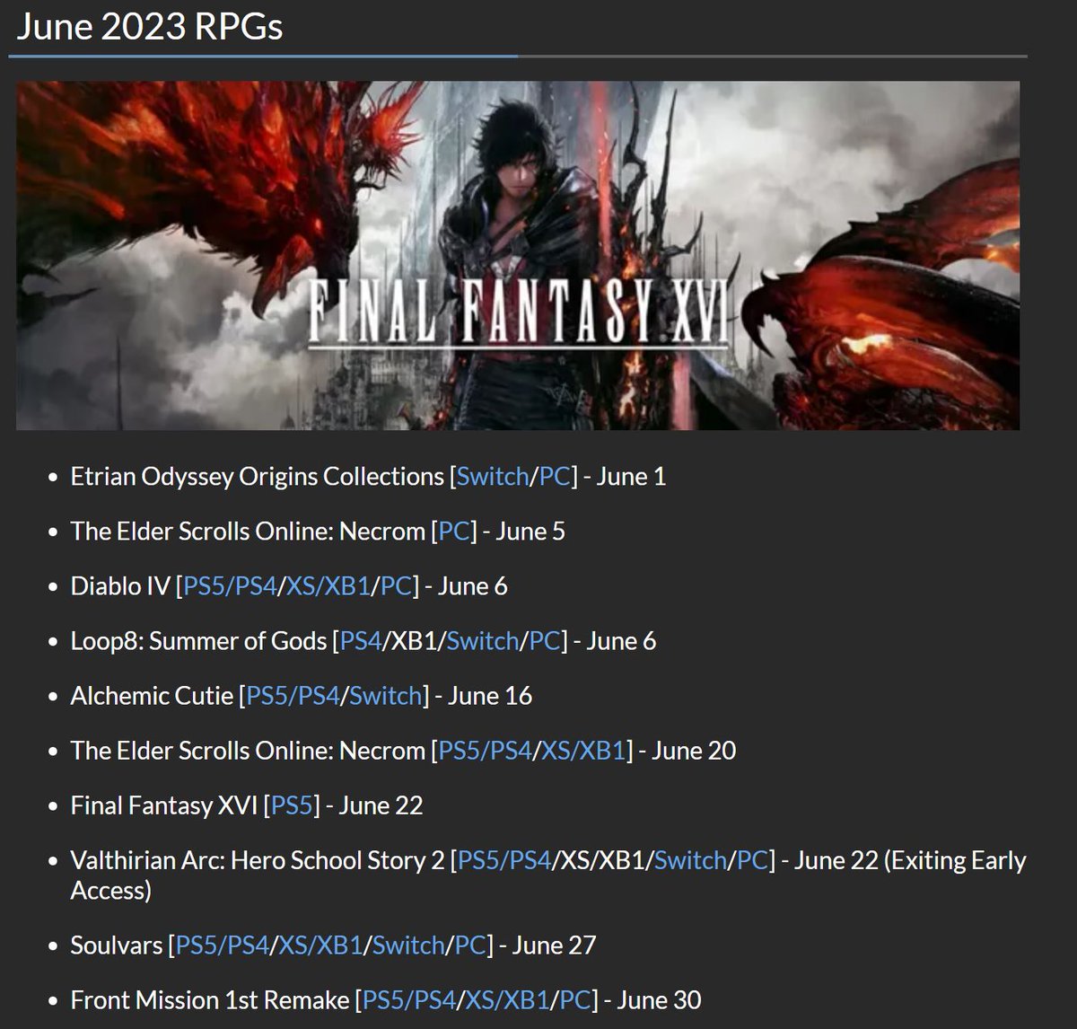 RPG Site on Twitter: "It's June (sorry I'm a day late)! Final Fantasy XVI and Diablo IV are the ...