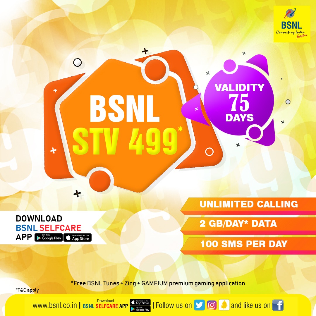 BSNL India on Twitter: "Recharge with #STV499 and get unlimited calling, 2GB data, 100 SMS per ...