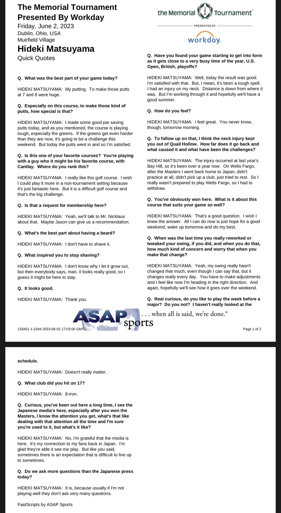 TRACKING HIDEKI on Twitter: "🚨 Hideki spoke to the media after his round. I love the beard chat ...