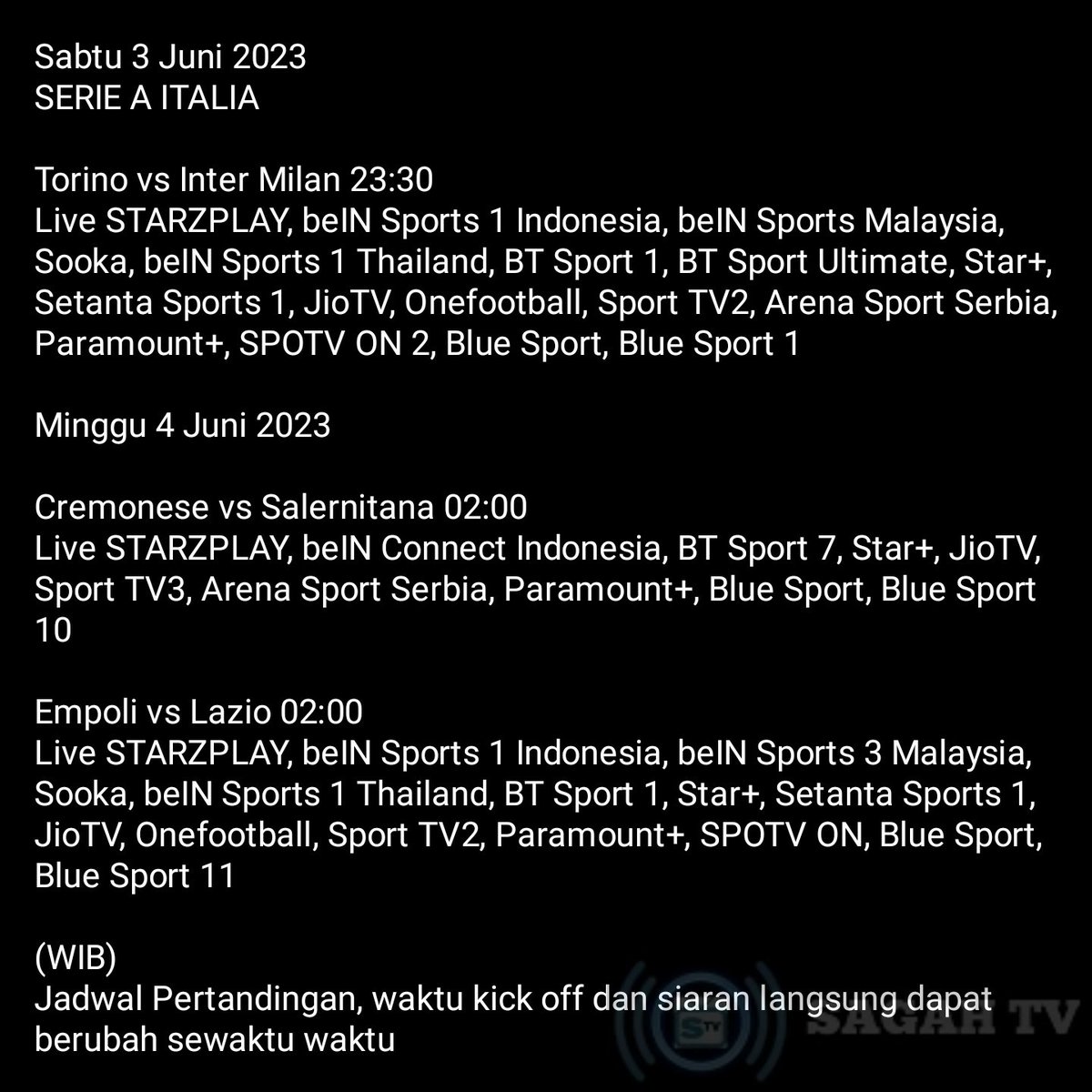 sagahtvlive on Twitter: "#Jadwal Siaran Langsung :FA Cup (Final) :UWCL :Serie A Italiga :DFB ...