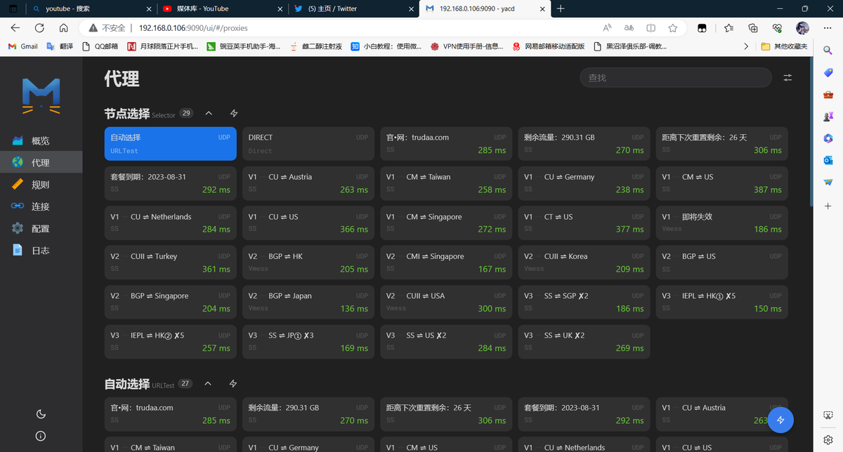 一口吃不下猫大白 On Twitter 好极了!! 旁路由弄好了 用旧手机改的旁路由 现在的问题是 不太会弄转发规则,自动的规则好像只区分了国内国外,但是我的梯子国外线路有几条计费倍率比较