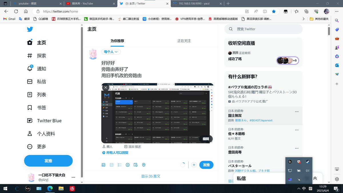 一口吃不下猫大白 On Twitter 好极了!! 旁路由弄好了 用旧手机改的旁路由 现在的问题是 不太会弄转发规则,自动的规则好像只区分了国内国外,但是我的梯子国外线路有几条计费倍率比较