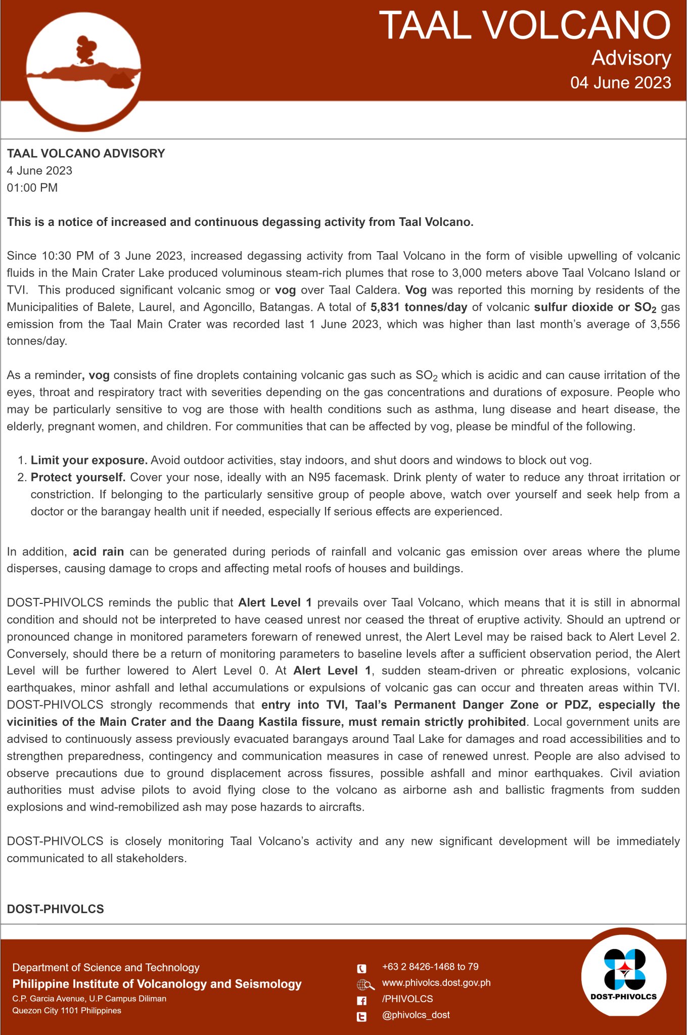 PHIVOLCS-DOST on Twitter: "TAAL VOLCANO ADVISORY 4 June 2023 01:00 PM https://t.co/ANJJBh4HtA # ...