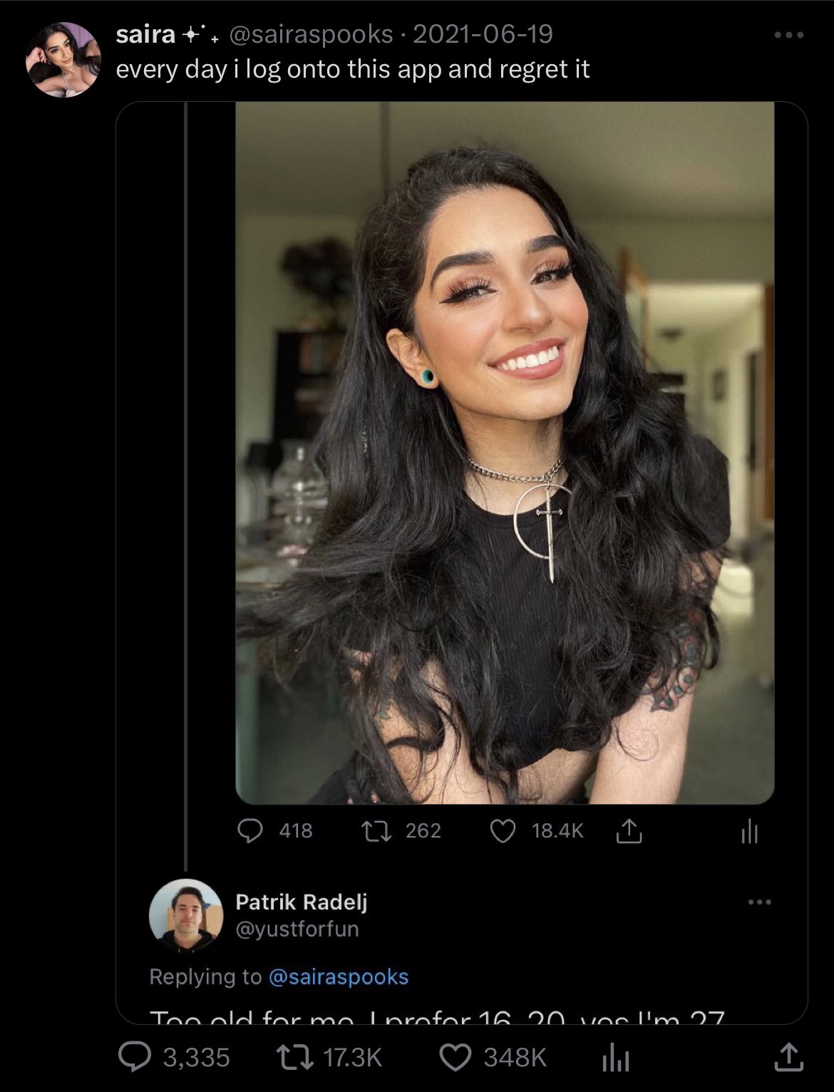 TW Pornstars - Saira 🦇. Twitter. “too old for me, i prefer 16-20, yes i ...