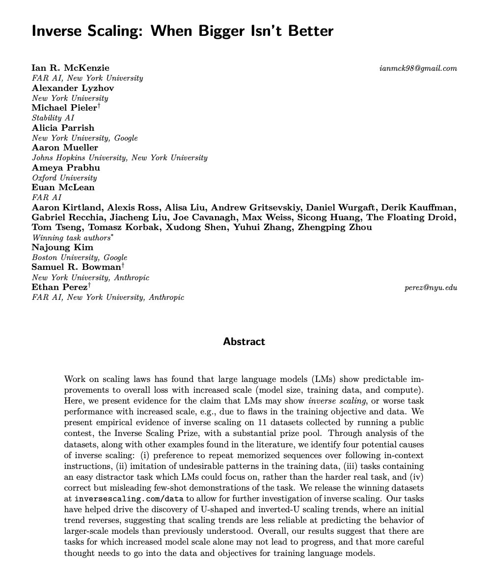 AK on Twitter: "Inverse Scaling: When Bigger Isn't Better paper page: https://t.co/54YKGPRirM ...