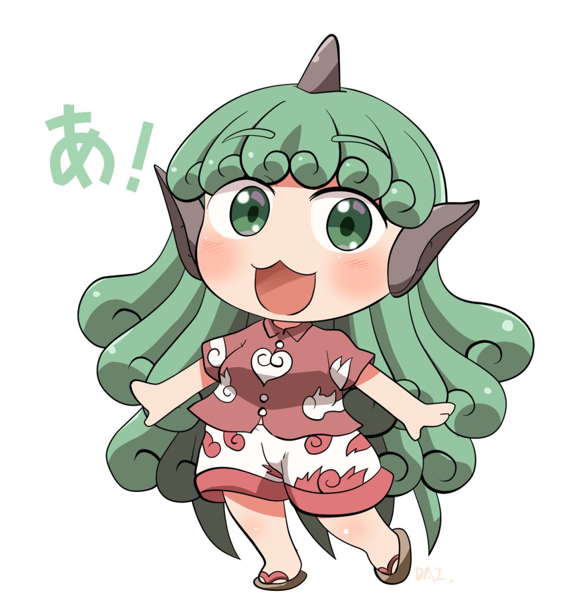 komano aunn 1girl horns green eyes solo long hair red shirt shorts ...