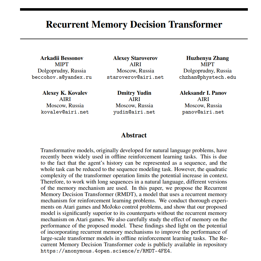 Aran Komatsuzaki on Twitter: "Recurrent Memory Decision Transformer Proposes RMDT, a model that ...