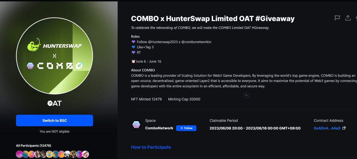 葡萄🍇║271.nft on Twitter: "1） #COMBO x HunterSwap 限量OAT还7500个 https://galxe.com/ComboNetwork ...