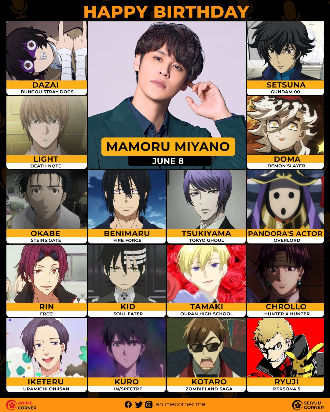 Seiyuu Corner on Twitter: "Wishing a very happy 40th Birthday to the dynamic Mamoru Miyano! 🤩🎉 🎂 ...