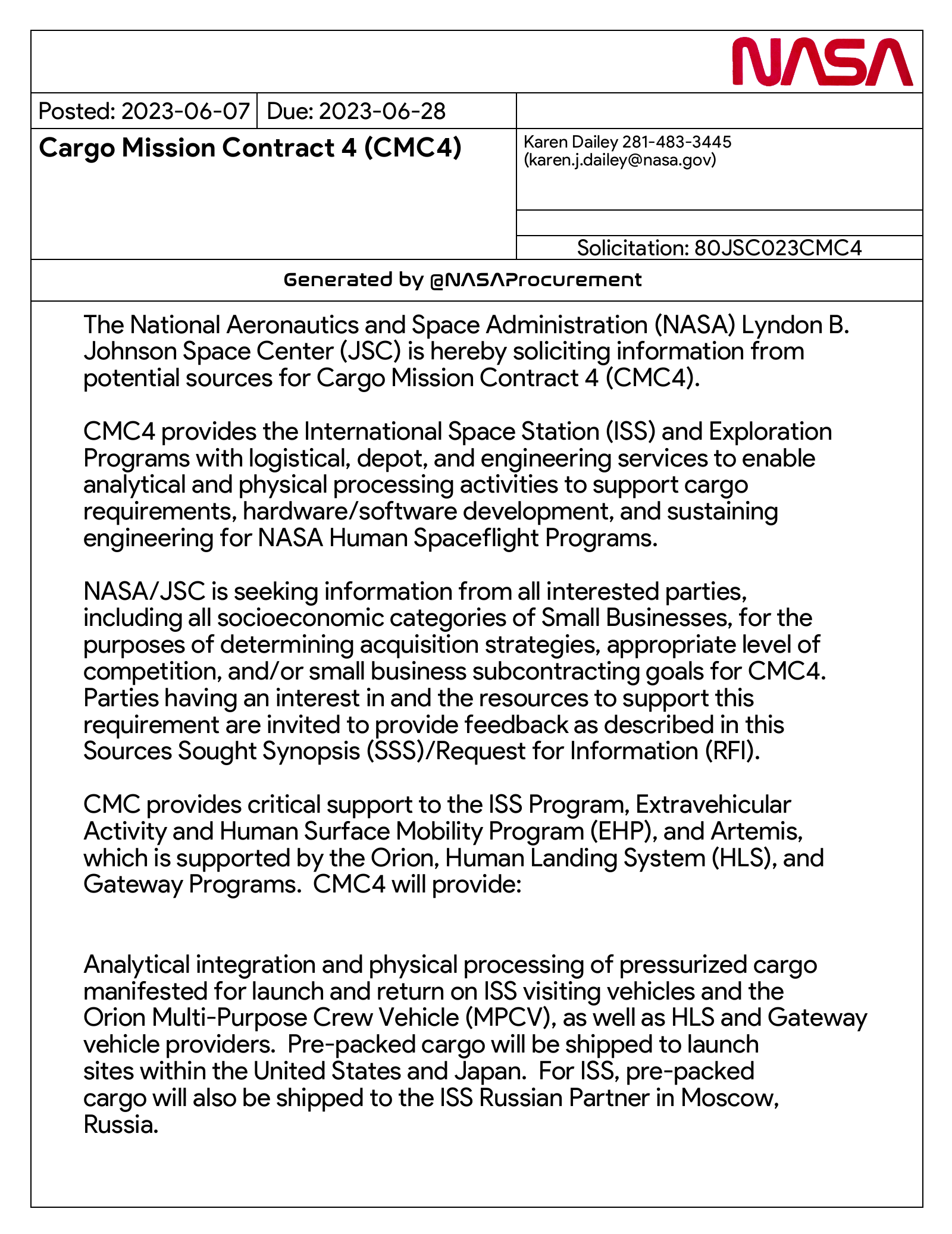 NASA Contracts on Twitter: "Johnson Space Center is soliciting interest re: 'Cargo Mission ...