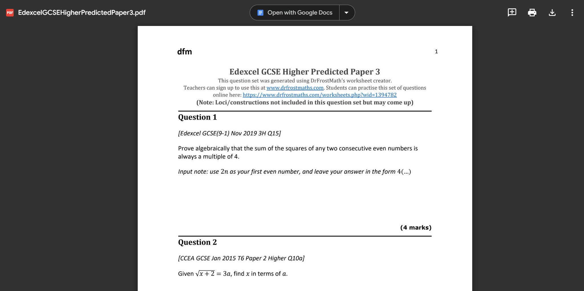 DrFrostMaths on Twitter: "There's a pdf version of the Edexcel GCSE Higher Tier Predicted Paper ...