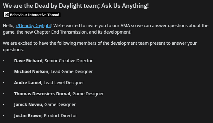 Dicas By Daylight on Twitter: "Resumo do AMA no Reddit: #DBD #DeadByDaylight"