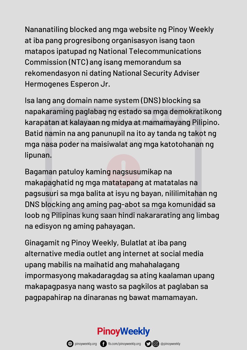 Pinoy Weekly on Twitter: "Pahayag ng Pinoy Weekly sa Isang Taong DNS Blocking ng NTC # ...