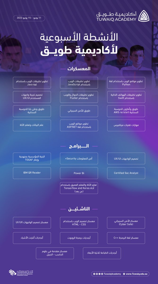 أكاديمية طويق on Twitter: "تعرّف على أنشطة #أكاديمية_طويق للأسبوع المقبل للتسجيل في المعسكرات ...