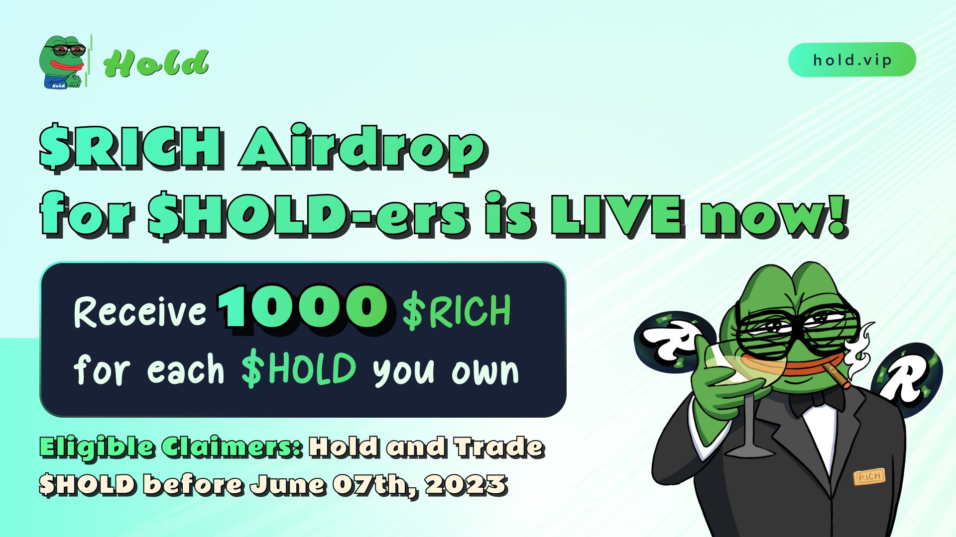 HOLD on Twitter: "🔥 BIG AIRDROP COMING 🎉 $RICH Airdrop for $HOLD-ers is LIVE now! 💰 1000 $RICH ...