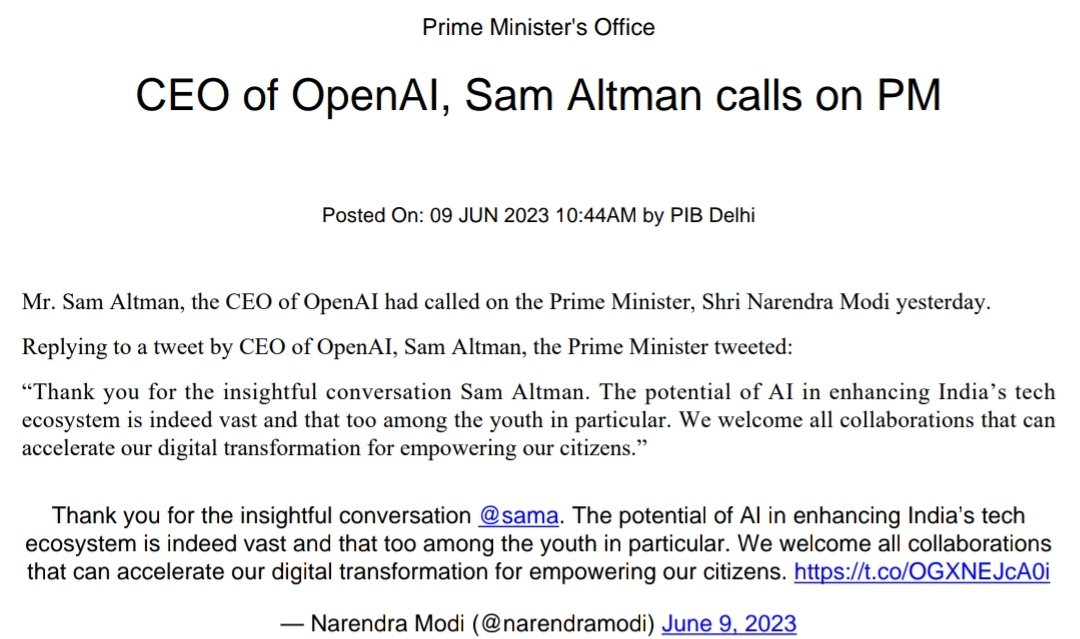 Hari Krishnan Pongilath on Twitter: "Mr. Sam Altman, the CEO of OpenAI had called on the Prime ...