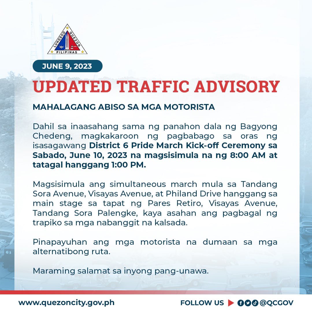 Quezon City Government on Twitter: "MAHALAGANG ABISO SA MGA MOTORISTA Dahil sa inaasahang sama ...