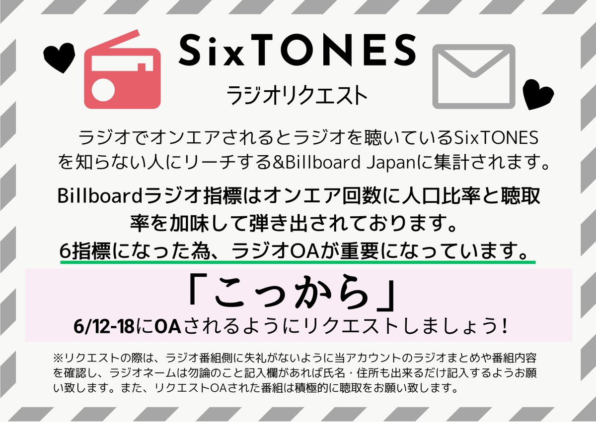 SixTONES Support on Twitter: "RT @SixTONESradio: 《🆕 曜日別番組 全曜日更新》 いよいよ来週6/12(月)から発売週です！ 積極的にリクエスト ...